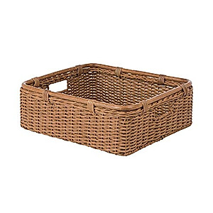 Kouboo Decorative Wide Storage and Shelf Basket in Half Wicker and Rattan with Cut-Out Handles, One Size, Caramel Brown