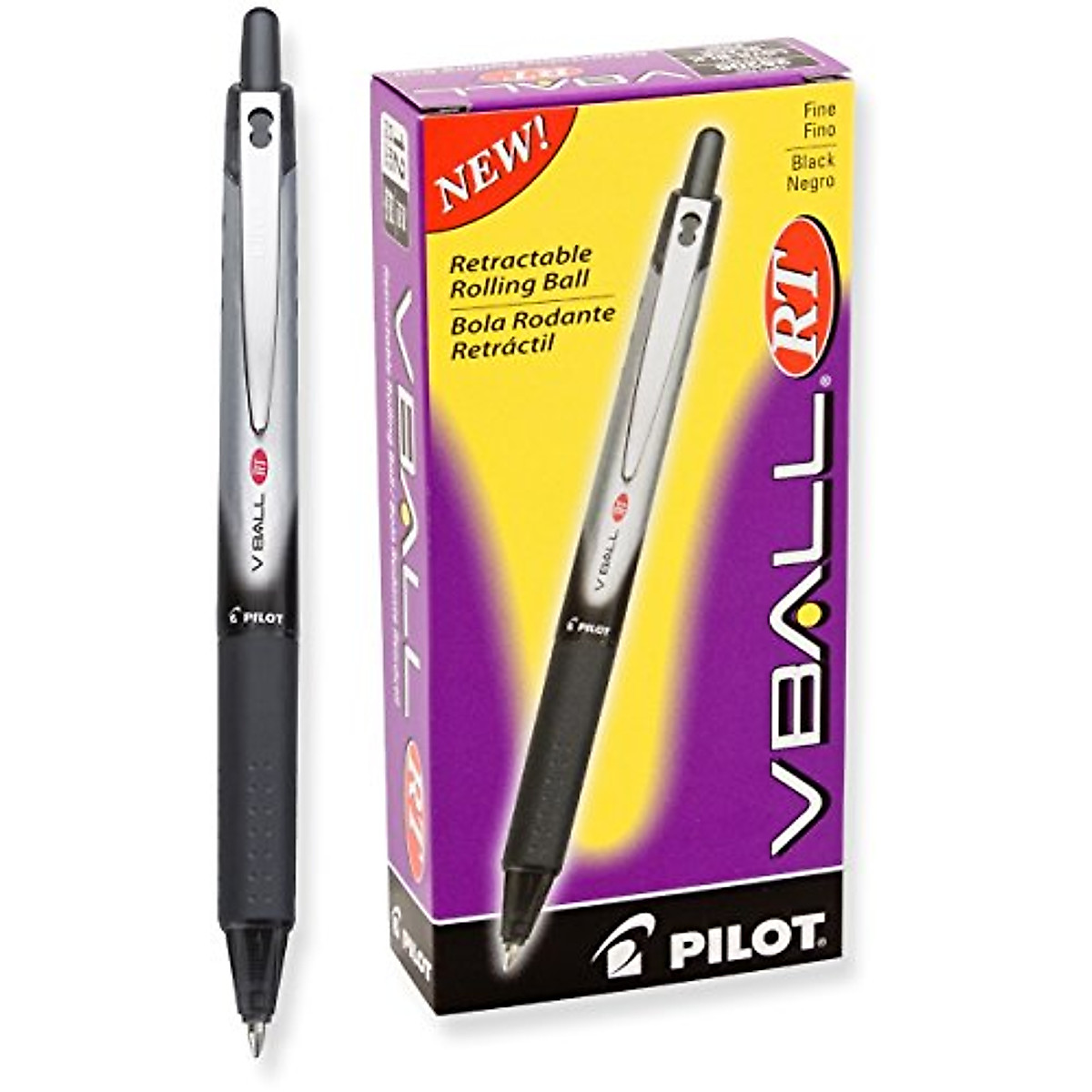 PILOT VBall RT Retractable Rolling Ball Pens, Fine Point, Black Ink, Dozen Box (26206)