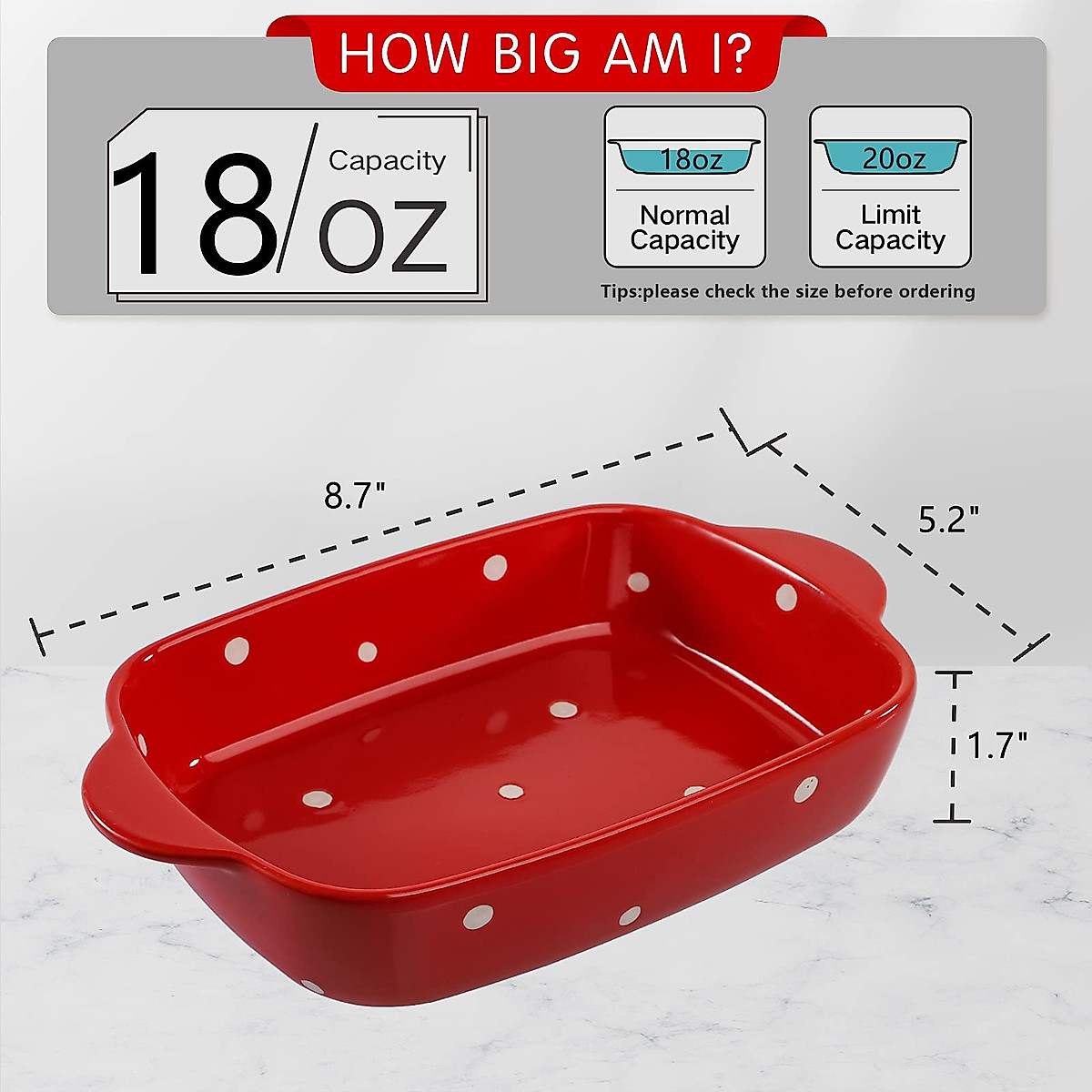 AVLA 4 Pack Porcelain Baking Dish, 7 Inch Ceramic Rectangular Small Baking Pan Baking Ramekin with Double Handles, 18 OZ Individual Baking Pans for Lasagna, Casserole Dish, Polka Dot