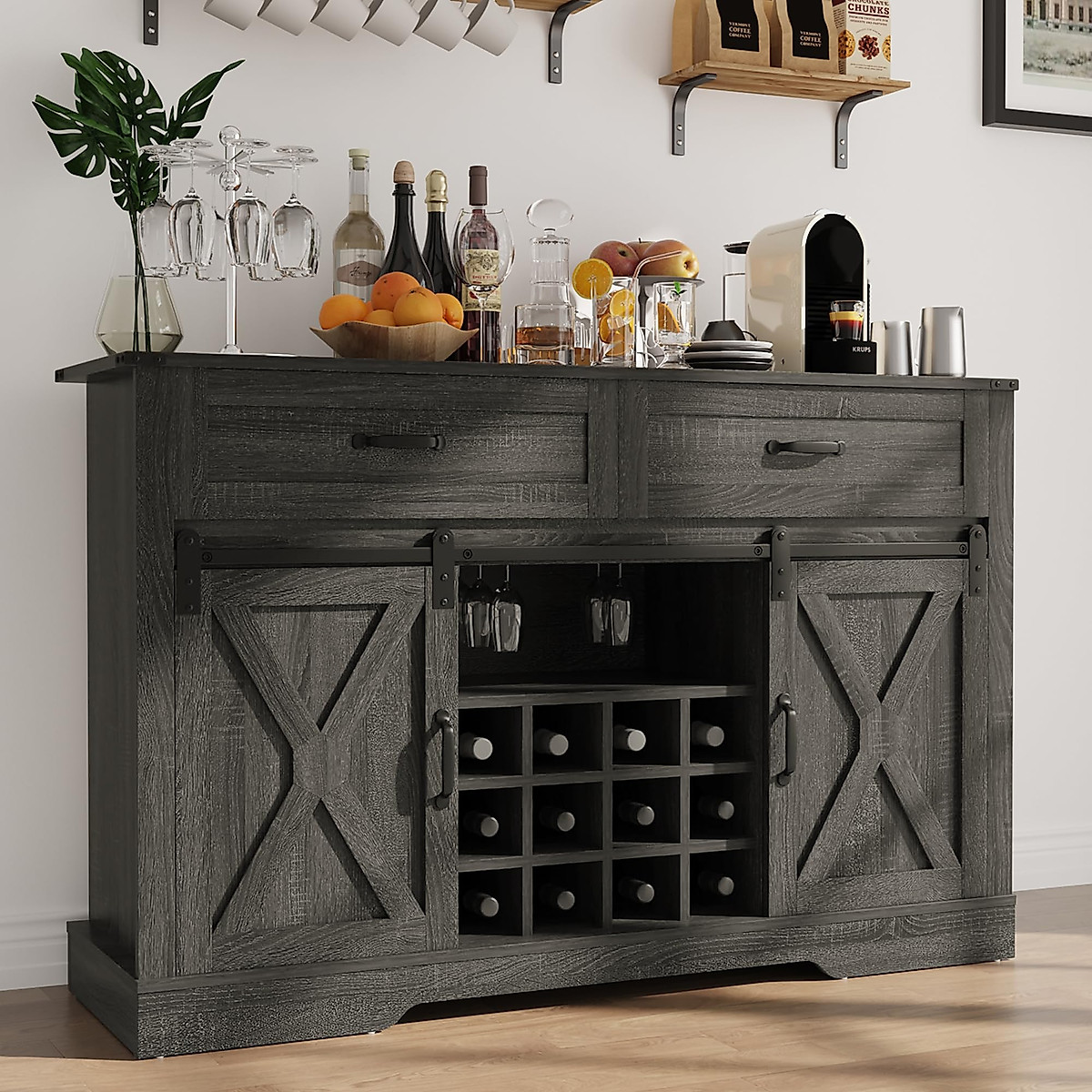 RoyalCraft Farmhouse Buffet Cabinet with Storage, 52'' Wine Bar Cabinet with Sliding Barn Door, Liquor Coffee Bar Cabinet and Sideboard for Kitchen, Dining Room, Rustic Dark Grey