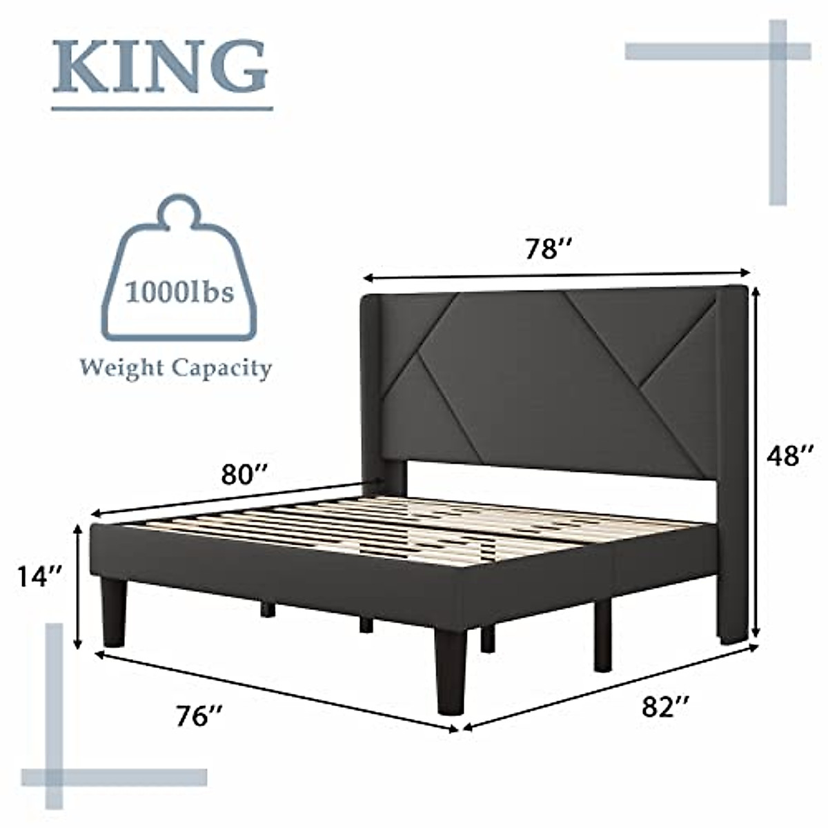 King Size Bed Frame with Headboard, Upholstered Platform Bedframe with Wingback, Heavy-Duty Metal Frames with Solid Wooden Slats No Box Spring Needed (Dark Grey, King (U.S. Standard))