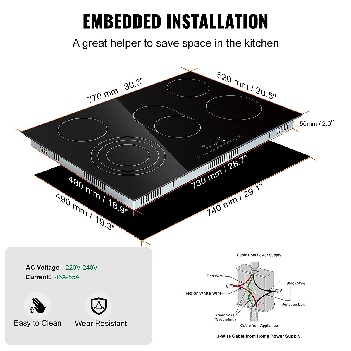 VEVOR Built in Electric Stove Top, 30 inch 5 Burners, 240V Glass Radiant Cooktop with Sensor Touch Control, Timer & Child Lock Included, 9 Power Levels for Simmer Steam Slow Cook Fry