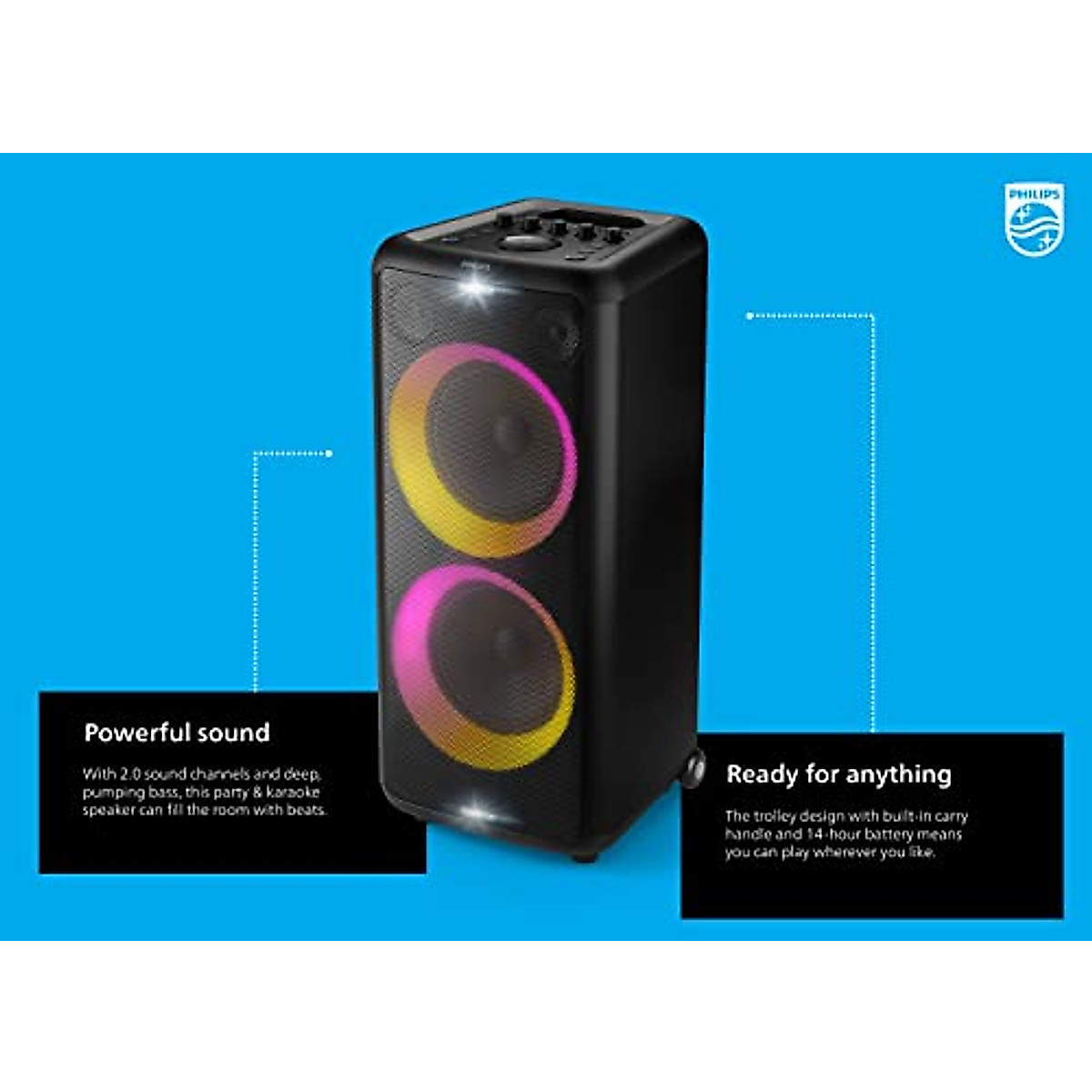 Philips X5206 Bluetooth Party Speaker with Extra bass, Up to 14 Hours Battery, Party Lights and Karaoke Effects, Microphone and Guitar Input, Audio-in, USB Charging, Built-in Trolley, TAX5206