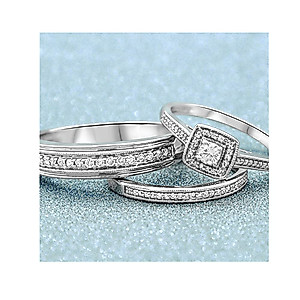 YDD 1/2 CT. T.W. Round-Cut Moissanite Couple Ring for His Hers Bridal Sets Engagement Rings Sets for Women, Men Vintage Halo Wedding Engagement Ring Band in 925 Sterling Silver Free Engraved