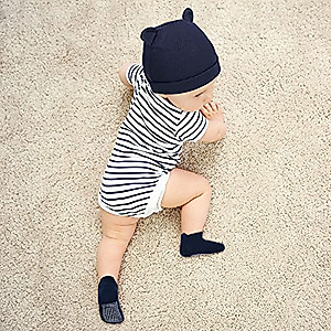 Geyoga 9 Pieces Newborn Baby Hat Mittens Sock Set Bear Ears Hat Mittens No Scratch Gloves for 0-12 Months Boy Girl(Black, Navy Blue, Gray)