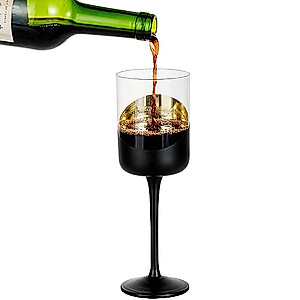 MyGift 14 oz Modern Tilted Matte Black and Gold Tone Plated Round Stemmed Wine Goblet Glasses, Cylindrical Angled Dipped Stemware with Metallic Interior, Set of 4