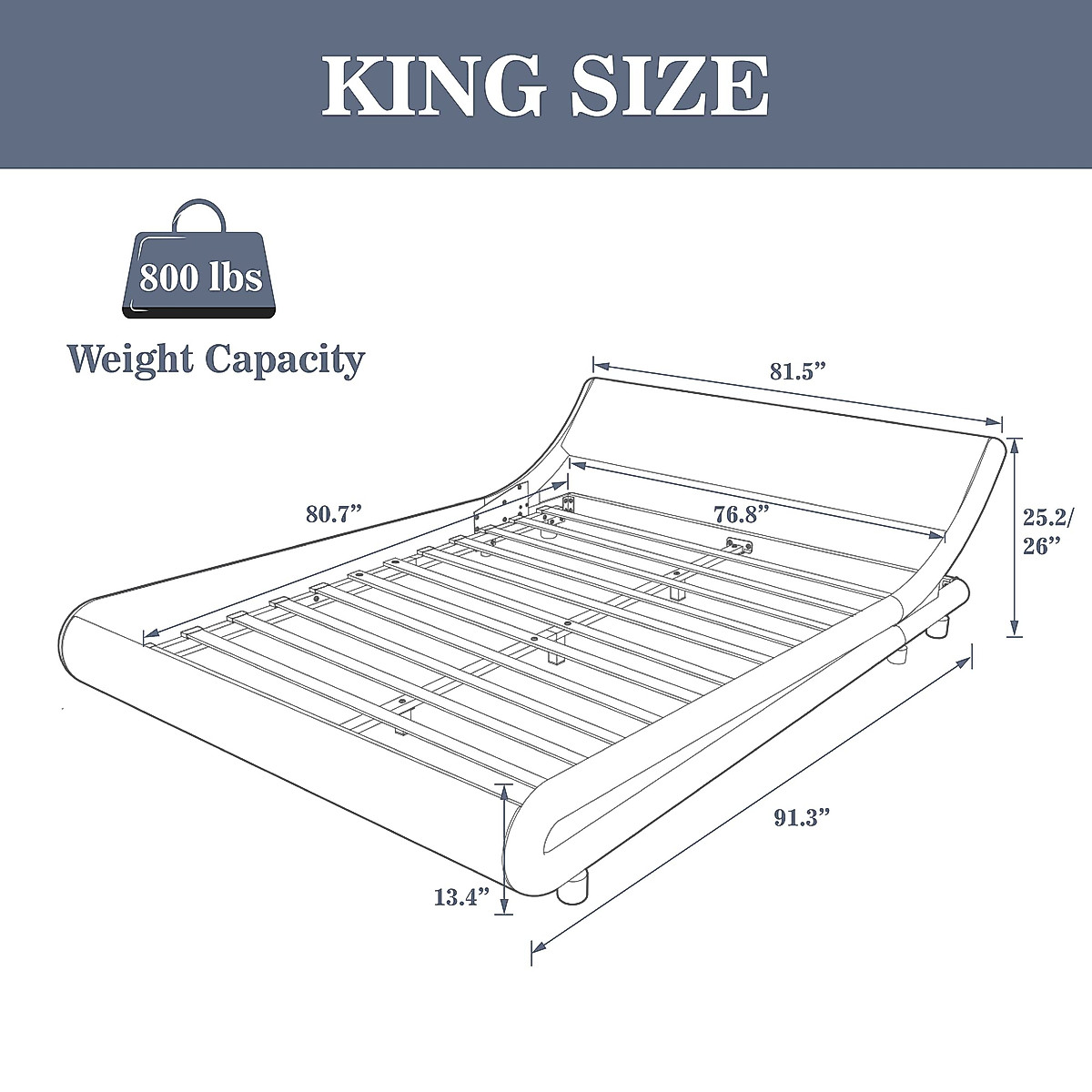 Allewie King Size Bed Frame with Curved Adjustable Headboard, Faux Leather Upholstered Platform Bed, Strong Wooden Slats Support, 10-12'' Mattress Recommended, White