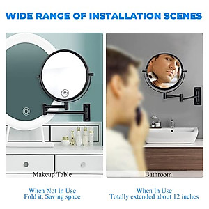 mumianshu Wall Mounted Makeup Mirror, 1x/ 10x Magnifying Makeup Mirror, 8" Double Sided Make up Mirror with 360 Degree Swivel Extendable Arm, Home Bathroom Shaving Vanity Mirror (Black)
