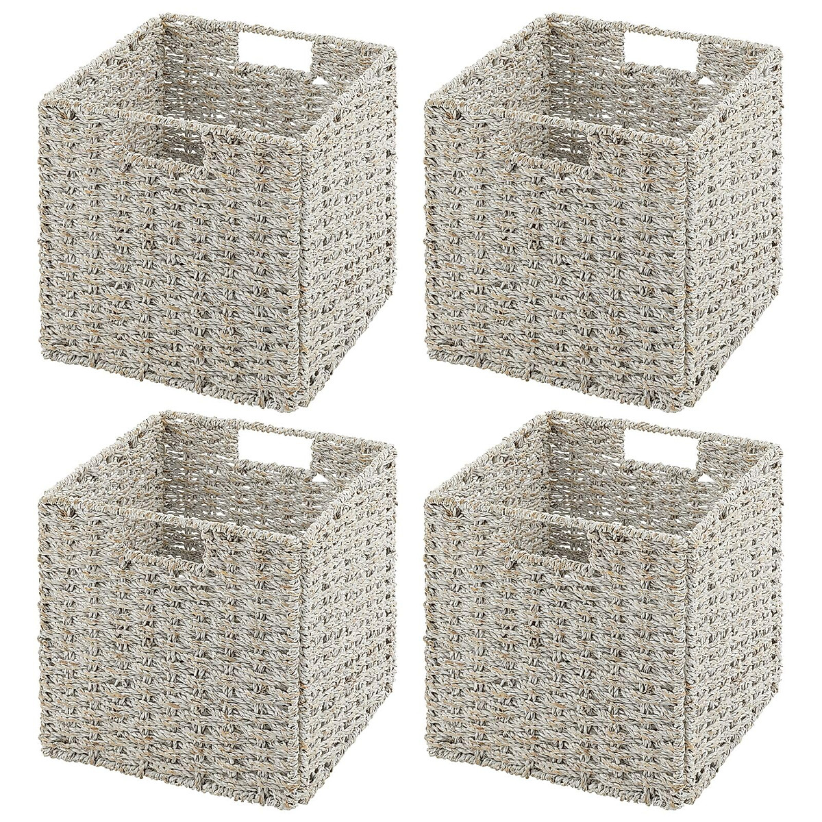 mDesign Seagrass Woven Cube Basket Organizer with Handles - Storage for Kitchen Cabinet or Pantry Shelf - Perfect for Cubby Storage Units - Holds Snacks or Small Appliances - 4 Pack - White Wash