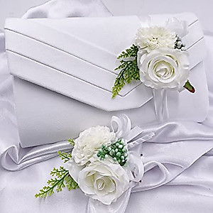 Milisente Rose Wrist Corsage Wristlet Band Bracelet and Men Boutonniere Set for White Wedding Flowers Accessories Prom Suit Decorations(White)