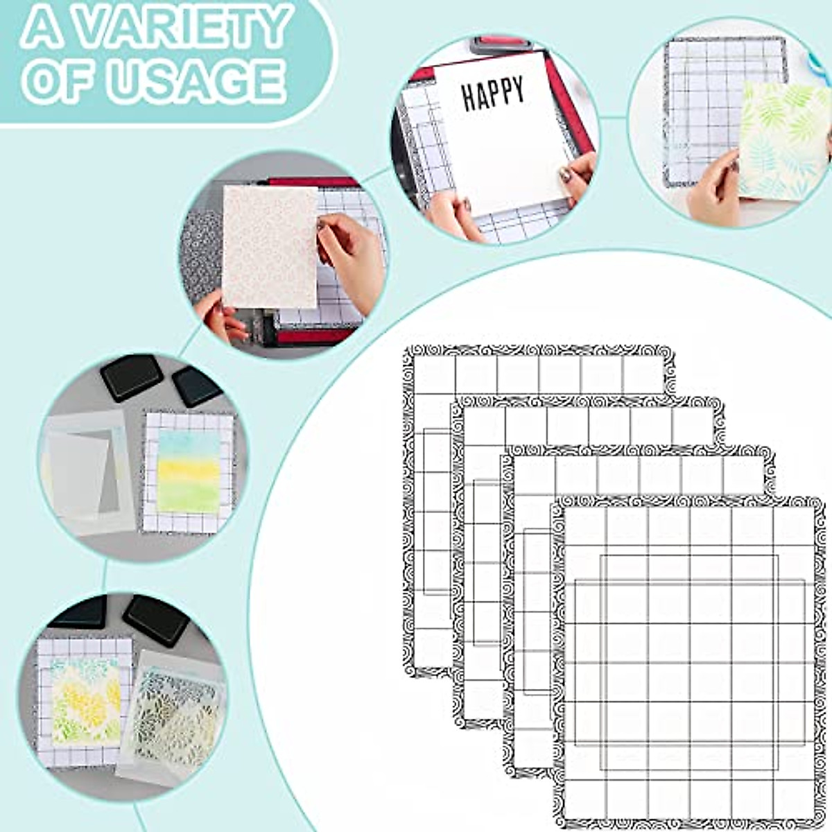 4 PCS Sticky Non-Slip Flexible Gridded Stamp Mats Grid Sheets Low Stick Mat Multi-Use Low Tack Mat,Stick and Stamp Adhesived Sheet Scrapbooking Craft Accessory