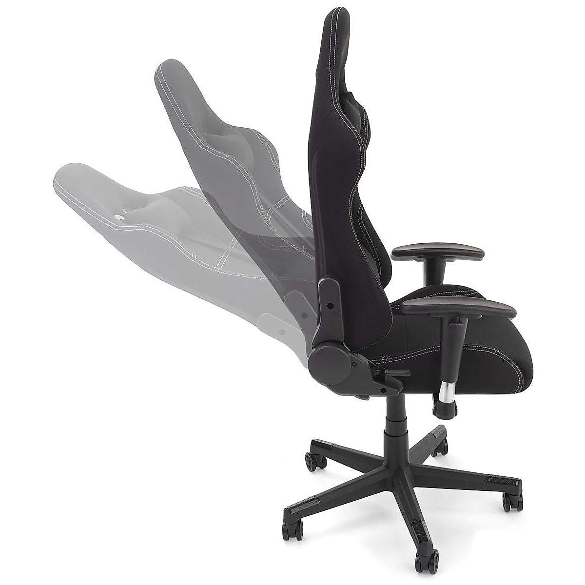 Displays2go Racing Style Gaming Chair for Office and Home Desk, Ergonomic Adjustments and Lumbar Support Pillow, Fabric Seat - Black (FDGAMECHGY)