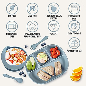 littlesol Baby Led Weaning Supplies - Complete Silicone Baby Feeding Set - Includes Baby Plate, Spoon, Fork, Bib, Bowl, Water & Snack Cup - Food Grade Silicone BPA Free - Dishwasher Safe (Dusty Blue)