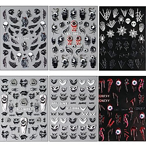 6 Sheets Halloween Nail Stickers 5D Stereo Relief Nail Decals for Acrylic Nail Art Gothic Evil Eyes Ghost Face Skeleton Pegatinas Uñas Self-Adhesive Nail Art Supplies Sky Wings Design Nail Accessories