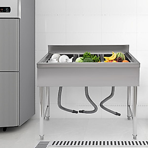 TBVECHI Free Standing Stainless Steel Kitchen Sink, Three Bowls Commercial Restaurant Utility Sink Set w/Hot and Cold Water Faucet, Prep & Utility Washing Hand Basin Sink w/Workbench Indoor Outdoor