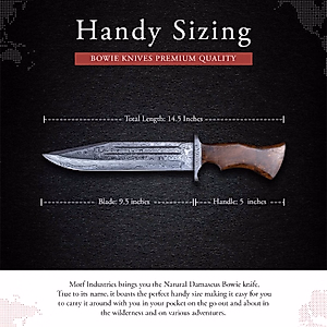 Morf Steelware Handmade Damascus Bowie Knife, 14.5 inch Camping & Hunting Damascus Knife, Fixed Blade Hand Forged Hiking Knife, Damascus Steel Survival Knife with Leather Sheath