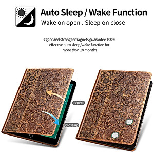 Gexmil Leather Case for iPad 10.2 inch 9th/8th/7th Gen. 2021/2020/2019 with Pencil Holder, Genuine Leather Cover Auto Sleep/Wake,Smart Folio Shockproof Protective,Anti-Fingerprint,Flower Brown