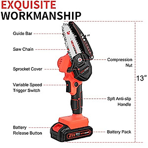 Mini Cordless Chainsaw Kit, Upgraded 4" One-Hand Handheld Electric Portable Chainsaw, 21V Rechargeable Battery Operated, for Tree Trimming and Branch Wood Cutting by New Huing