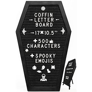 Coffin Letter Board Black With Spooky Emojis +500 Characters, and Wooden Stand - 17x10.5 Inches - Gothic Halloween Decor Spooky Gifts Decorations