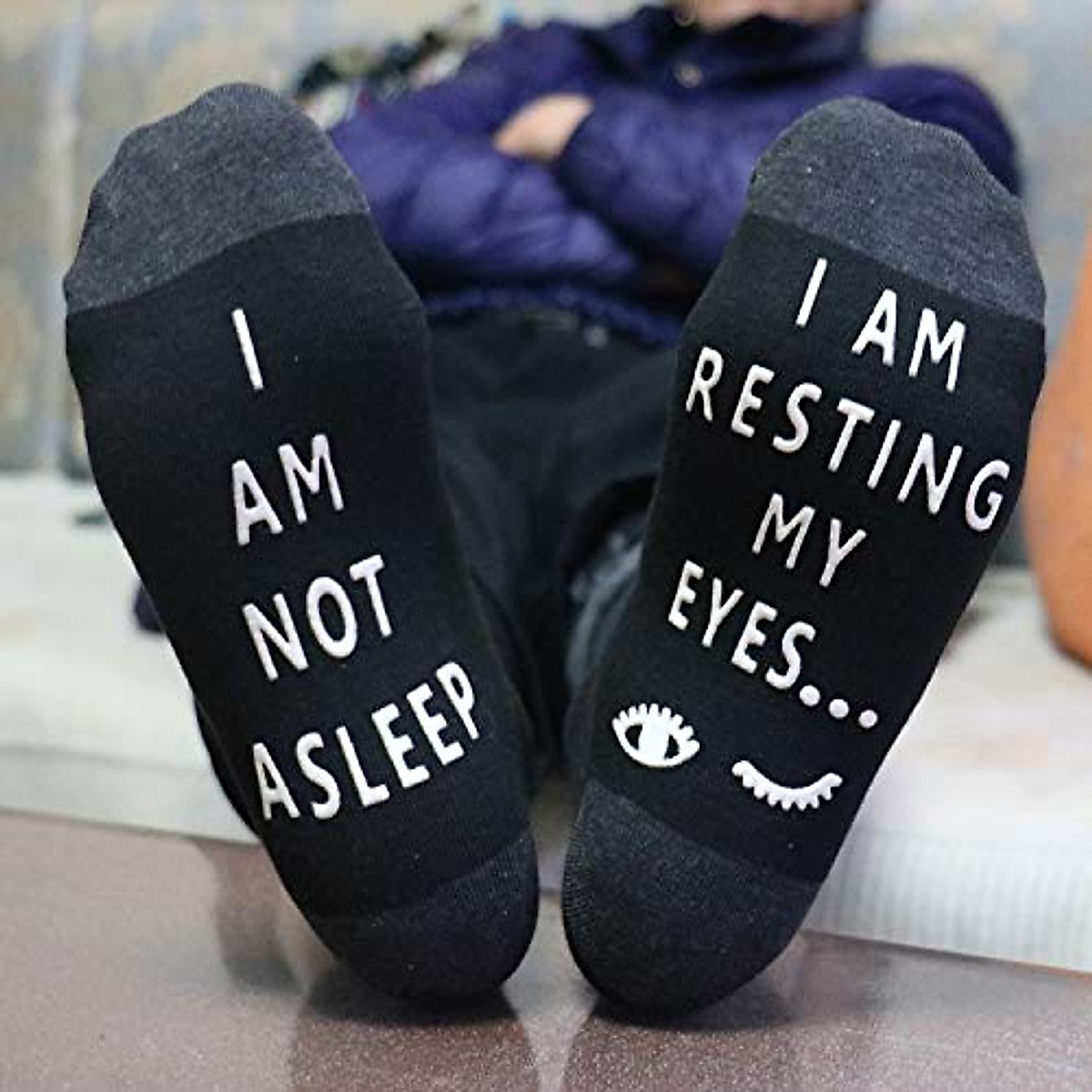 Salamola "I am NOT asleep,I am resting my eyes" Funny Socks Novelty Cotton Socks (1 pair White &1 pair Black)