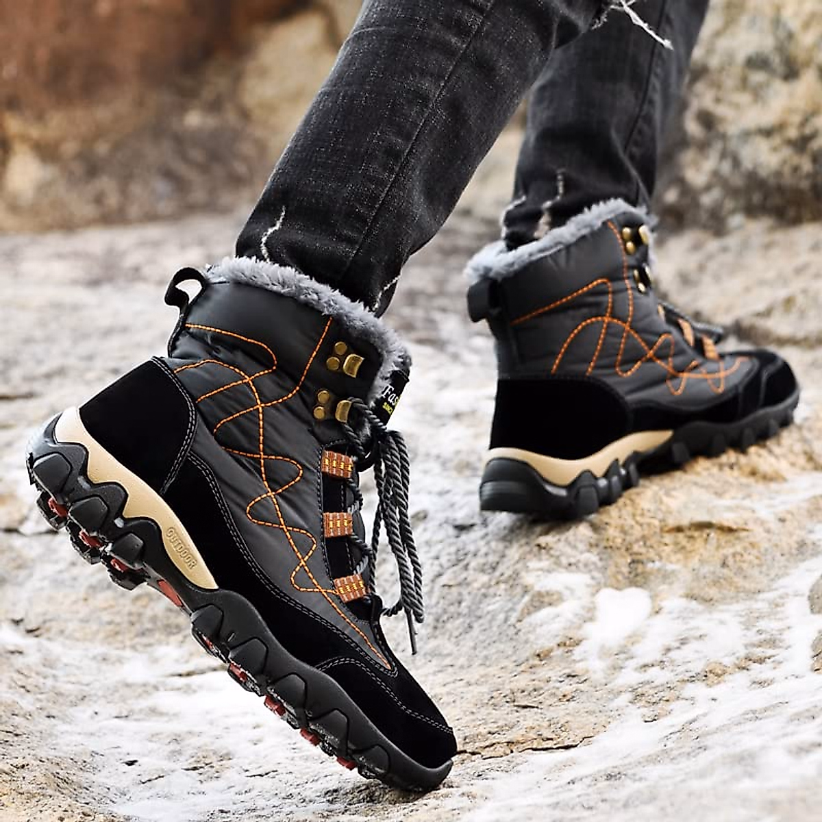 IUBEIBEI Men's Snow Boots Warm Waterproof Non-Slip Shoes Winter Hiking Boots High Bang Comfortable Hiking Shoes Backpack Sports Outdoor Boots(Bla/-ck)