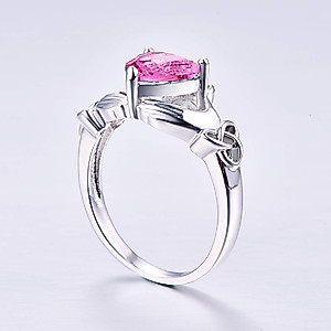 Emsione 925 Sterling Silver Plated Created Pink Topaz Heart Cut CZ Claddagh Celtic Ring Eternity Anniversary Wedding Engagement Band Ring Size 8