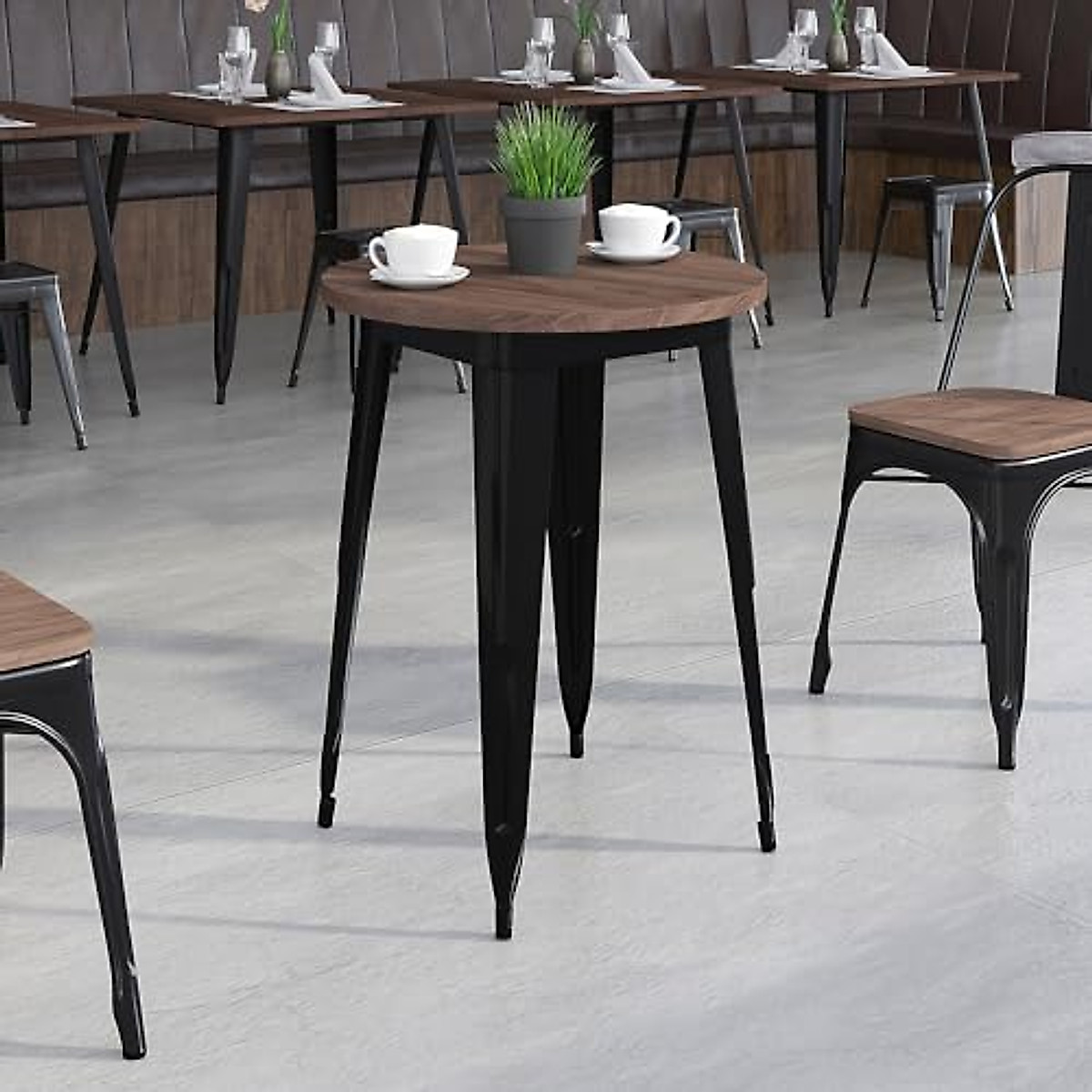 Flash Furniture Webb 24" Round Black Metal Indoor Table with Walnut Rustic Wood Top