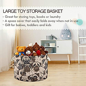 MNSRUU Storage Basket 20"x14" Vintage Cute Pug Dogs Collapsible Organizer Basket with Handles, Fabric Nursery Laundry Basket Large Capacity