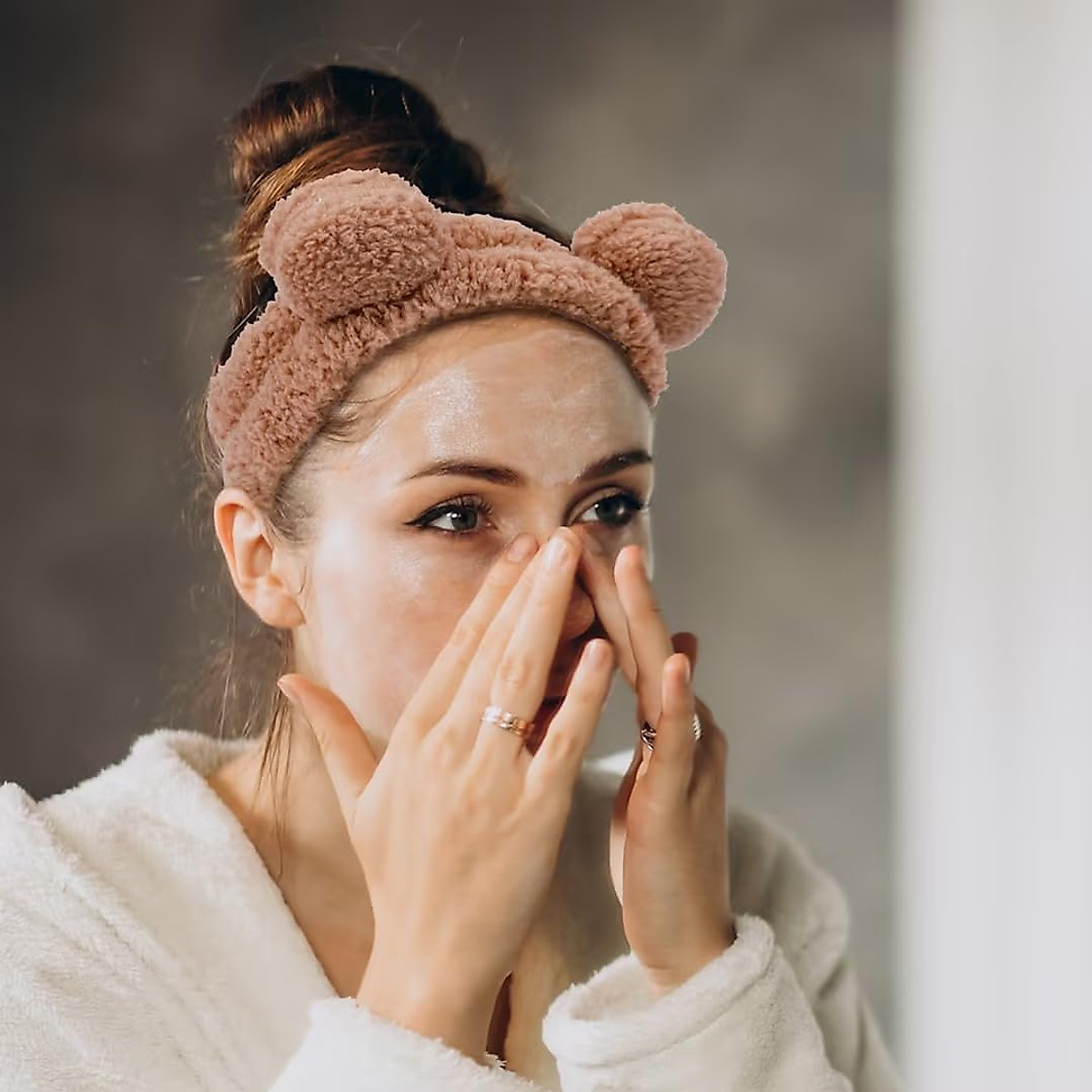 Hofar Bear Face Wash Headband Hairband with Bear Ears Coral Fleece Cartoon Cute Creative Hair Accessories