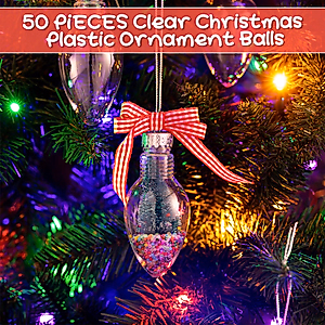 4 Inch Fillable Light Bulb Shape Clear Christmas Plastic Ornaments with Removable Cap and 20 Yards Gingham Ribbon Clear Xmas Hanging Ornaments for DIY Crafts Xmas Tree Decor (Silver, 50)