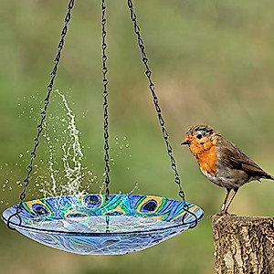 VCUTEKA Bird Bath Hanging for Outdoor Glass Small Bird Feeder Bowl Garden Decoration 11 Inch Peacock (Peacock)