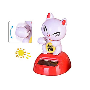 Solar Cat Bobble Shaking Head Dancing Toy Cat Figurine Statue Car Dash Board Lucky Cat Shaking Dancing Ornaments Statues for Car Home Offices Vehicle Decoration (White)