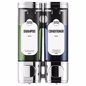 2-Chamber Shampoo and Conditioner Dispenser Shower Soap Dispenser 2 Chamber No Drill,Shower Soap Dispenser Wall Mounted,HUOTDY SUNTYS Body Wash Dispenser Set for Bathroom Toilet Hotel Kitchen(Chrome)