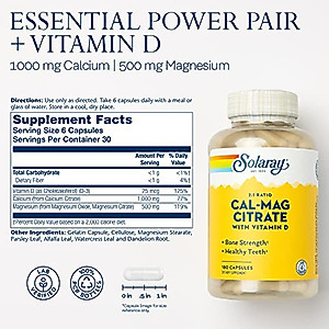 Solaray Calcium Magnesium Citrate 2:1 w/ Vitamin D-3, 30 Serv, 180 Caps
