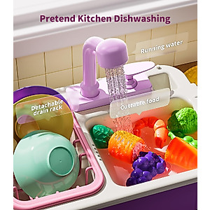 Geyiie Kitchen Sink Toy for Toddlers, Play Sink with Running Water, Upgraded Real Faucet, Dish Rack & Play Cutting Food, Kids Kitchen Sink Toy Gifts for 3 4 5 6 7 Years Old