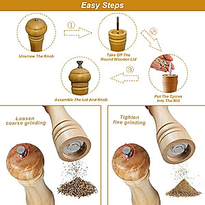 Wooden Pepper Grinder Pepper Mill with Adjustable Coarseness, Refillable Ceramic Grinding Mechanism Salt Mill - 8 Inches (1 Pack)
