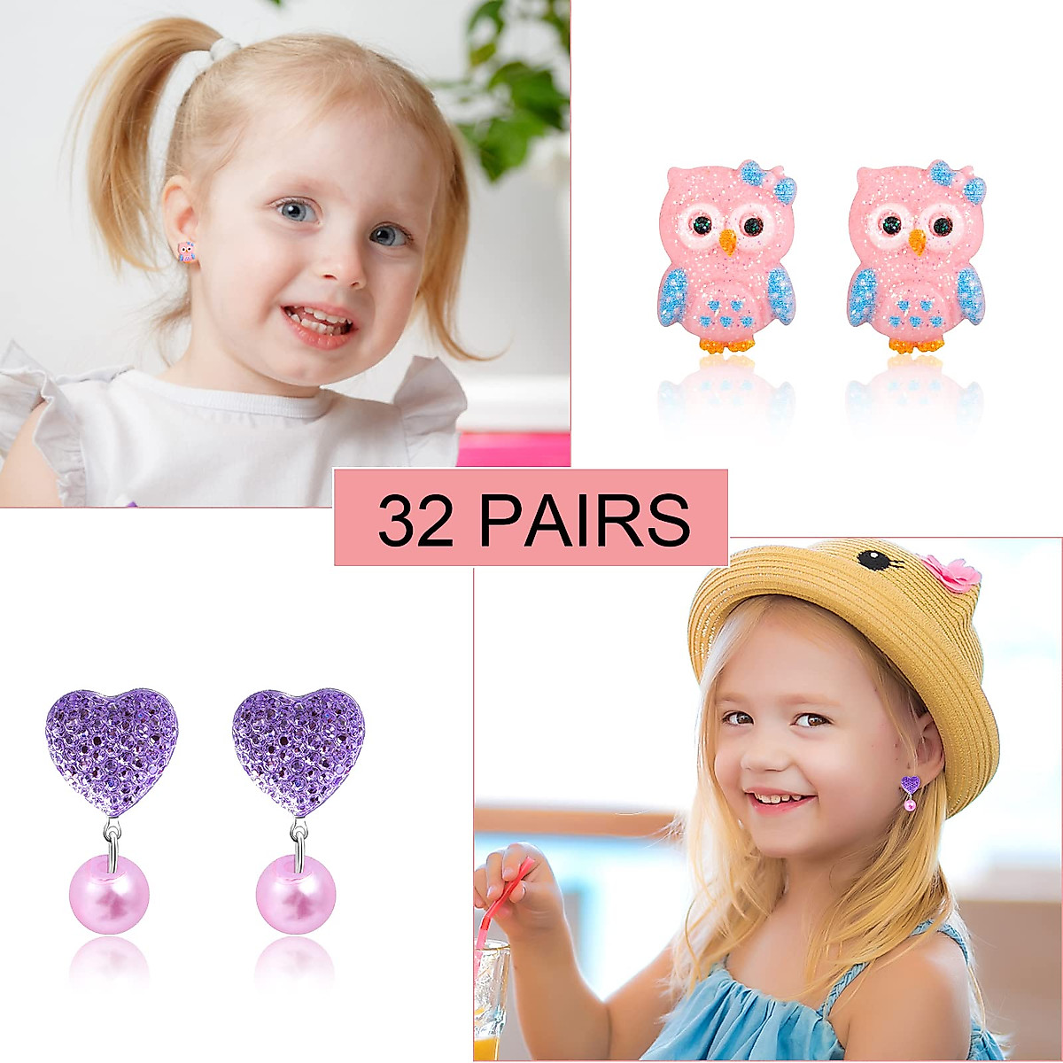 DEVIENG Clip On Earrings, 32 Pairs Hypoallergenic Clips Earrings Sets Suitable for Ages 4-12 Little Girls, Cute Small Clips On Earrings Jewelry Gifts Set