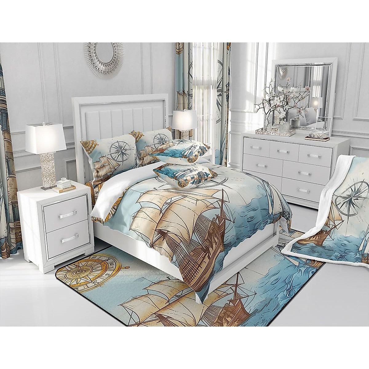 Nautical Sailboat Duvet Cover King Size,Compass Rudder Bedding Set,Kids Boys Girls Teens Adults,Sea Adventure Ocean Map Comforter Cover Sketch Navy Blue Beige Quilt Cover,1 Pillowcase(Not Comforter)