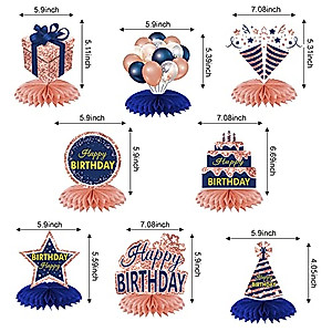 Rose Gold Navy Blue Happy Birthday Decorations Table Honeycomb Centerpieces, 8Pcs Happy Birthday Table Party Supplies for Women Girls, 16th 21st 30th 40th 50th 60th Bday Table Topper Sign Decor