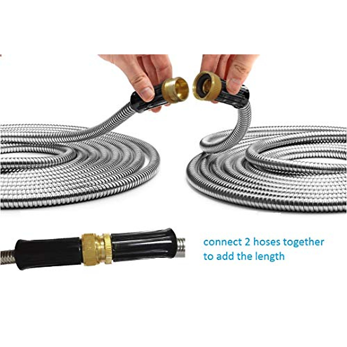MTB 304 Stainless Steel Garden Hose 50-ft with Spray Nozzle and 3/4” Solid Aluminum Connectors, Metal Water Hose
