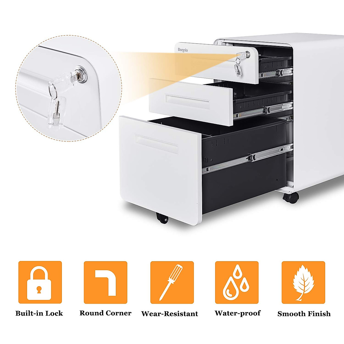 Bonnlo 23.8" H 3 Drawer Rolling File Cabinet with Lock, Mobile File Cabinet Under Desk with Pencil Tray, White Locking File Cabinet for Home Office, Metal Filing Cabinet Printer Stand Fully Assembled