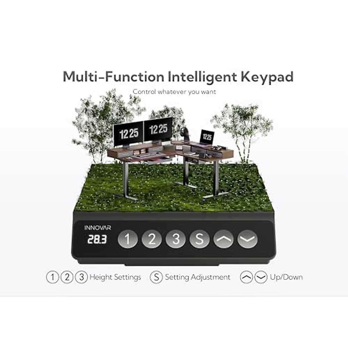 INNOVAR Triple Motor L Shaped Standing Desk with Drawers, Solid Wood Adjustable Corner Stand Up Desk, 63" Electric Standing Desk for Home Office, Black Frame/Brown Top