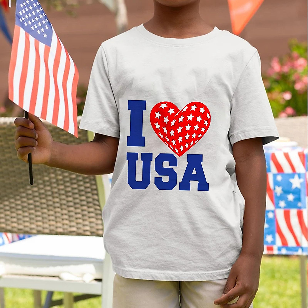 Toddler Boys I Love USA Text Print T Shirts American Flag Shirt Kids Independence Day Patriotic (Black, 9-10 Years)