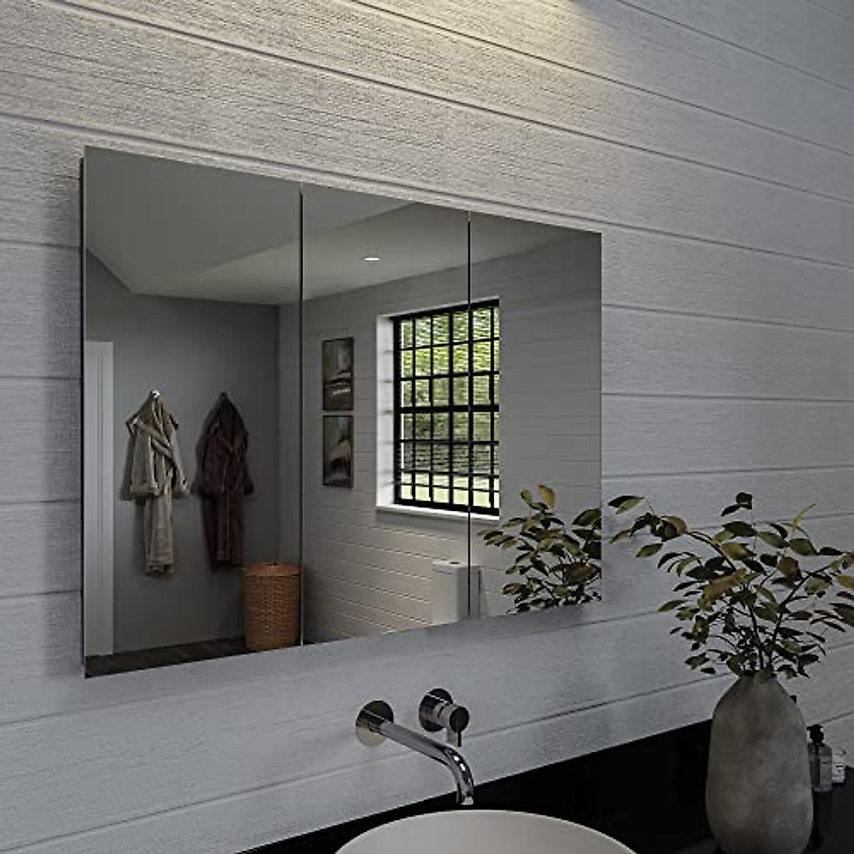 Croydex Brantley Tri-View Recessed or Surface Mount, Hang 'n' Lock Easy Installation Medicine Cabinet, 36W x 26H, Aluminum