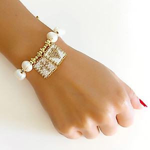 LESLIE BOULES White Gold Scapular Love Bracelet for Women Baroque Pearls Beads