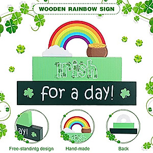 3 Pieces St Patricks Day Table Wood Signs, Rainbow Shamrock Table Top Decor Irish Lucky Wood Block St Patricks Day Wooden Sign Centerpiece for Home Fireplace Office Shelf