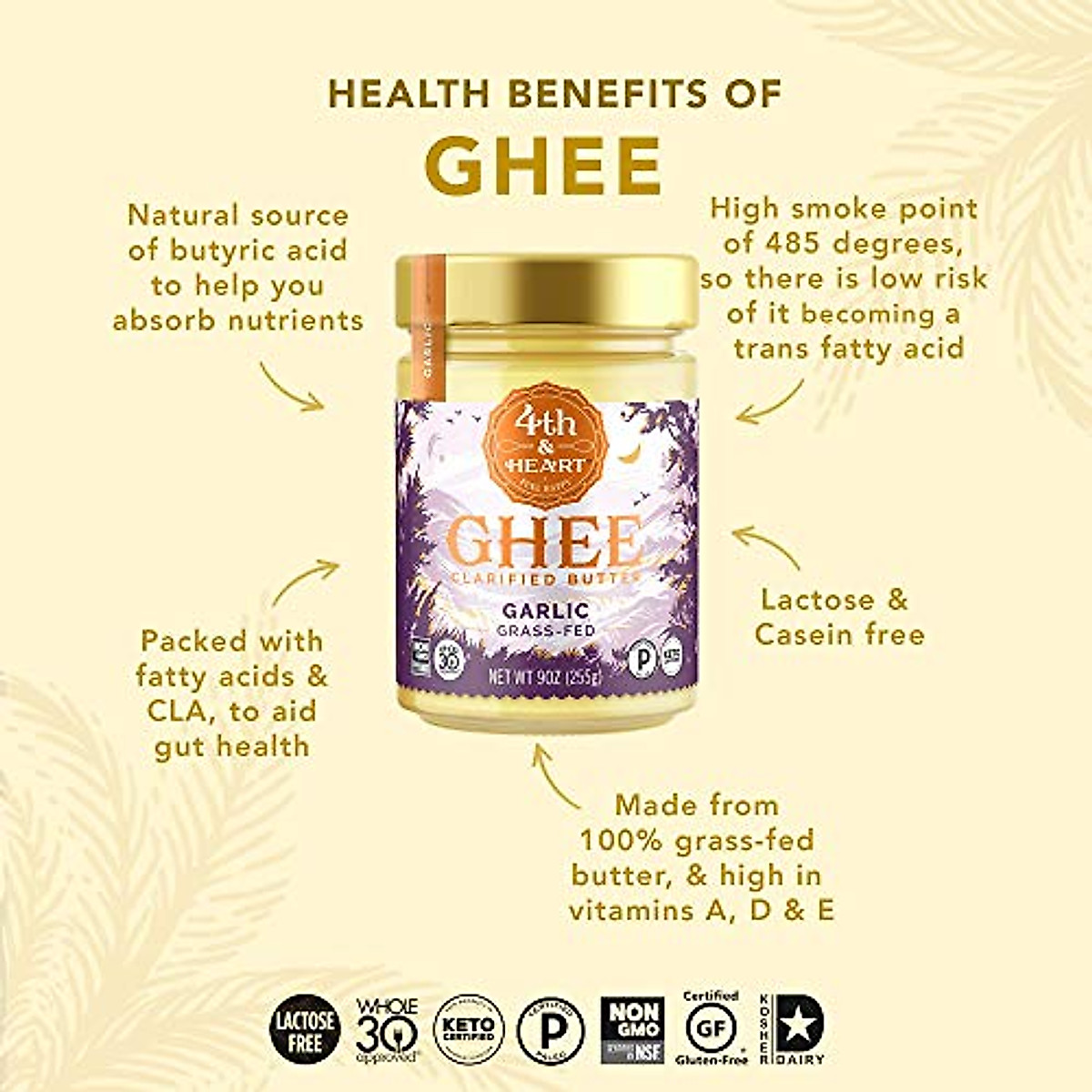 4th & Heart California Garlic Grass-Fed Ghee, 9 Ounce, Keto, Pasture Raised, Lactose and Casein Free, Certified Paleo