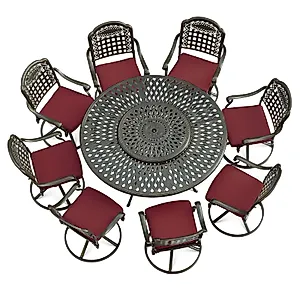 VIVIJASON 9-Piece Outdoor Furniture Dining Set, Rust-Free Cast Aluminum Patio Conversation Set, Include 8 Swivel Dining Chairs & 61" Round Dining Table with 31" Lazy Susan, Umbrella Hole, Red