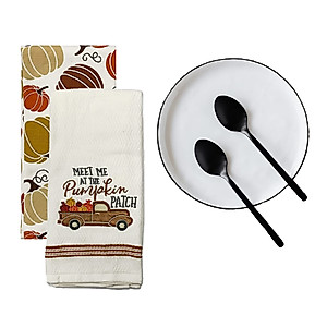 Mainstream Fall Kitchen Towels, Set of 2, Vintage Bronze Truck Meet Me at The Pumpkin Patch and Print Cotton Terry Dishtowels Drying Cloth 16 x 26 inches White, Bronze, Brown, Gold, Orange Wine, Grey