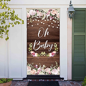 ZDX Oh Baby Door Banner Photo Rustic Floral Wood Backdrop Decorations Baby Shower Newborn Party Door Hanger Cover Sign Supplies Poster Background Decor 72.8 x 35.4in